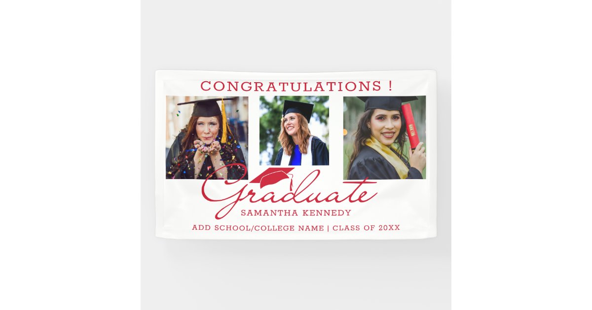 3 Photo Collage Congratulations Graduate Red White Banner | Zazzle