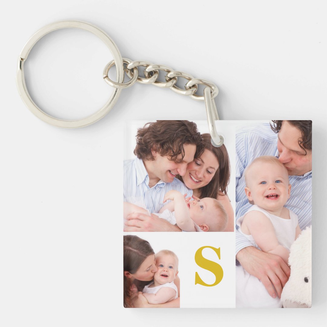 3 Photo Collage Custom Monogrammed Keychain | Zazzle