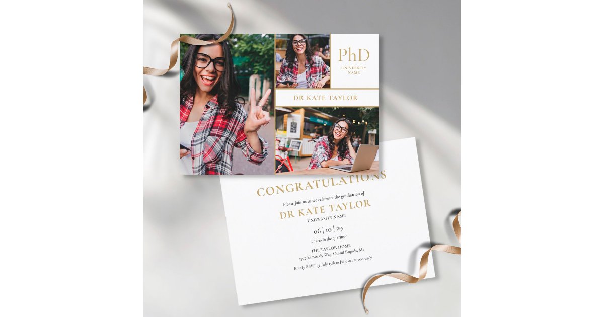 3 Photo Collage PhD Degree Graduation Party Invitation | Zazzle