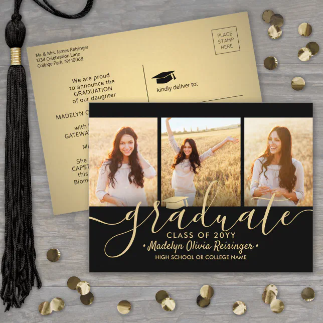 3 Photo Collage Script Black and Gold Graduation Announcement Postcard ...