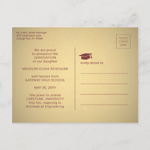 3 Photo Collage Script Burgundy & Gold Graduation Announcement Postcard ...