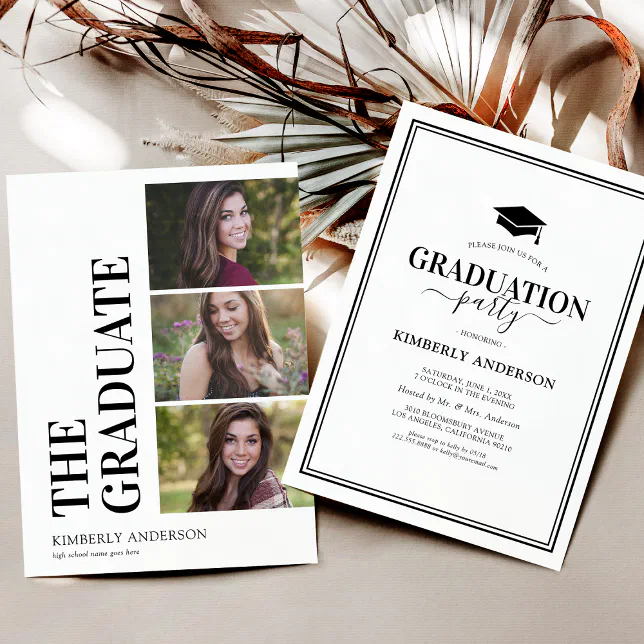 3 Photo Collage Simple Graduation Party Invitation | Zazzle