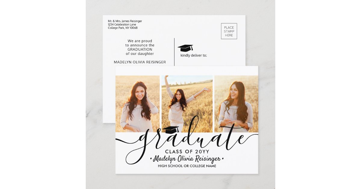 3 Photo Collage Simple Modern Script Graduation Announcement Postcard | Zazzle