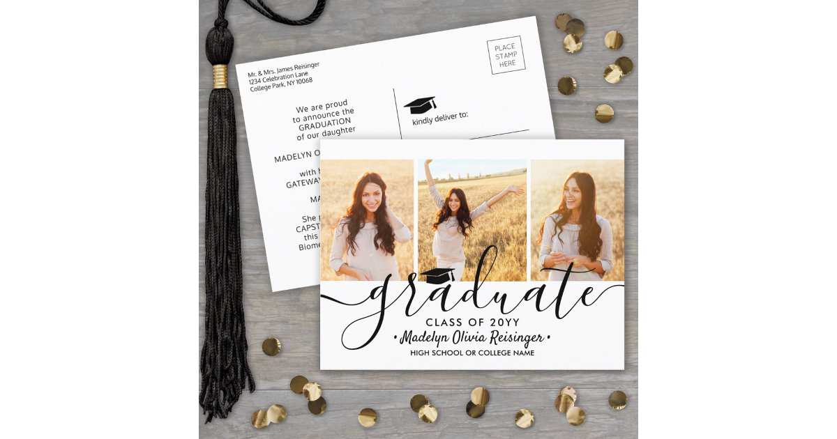 3 Photo Collage Simple Modern Script Graduation Announcement Postcard ...