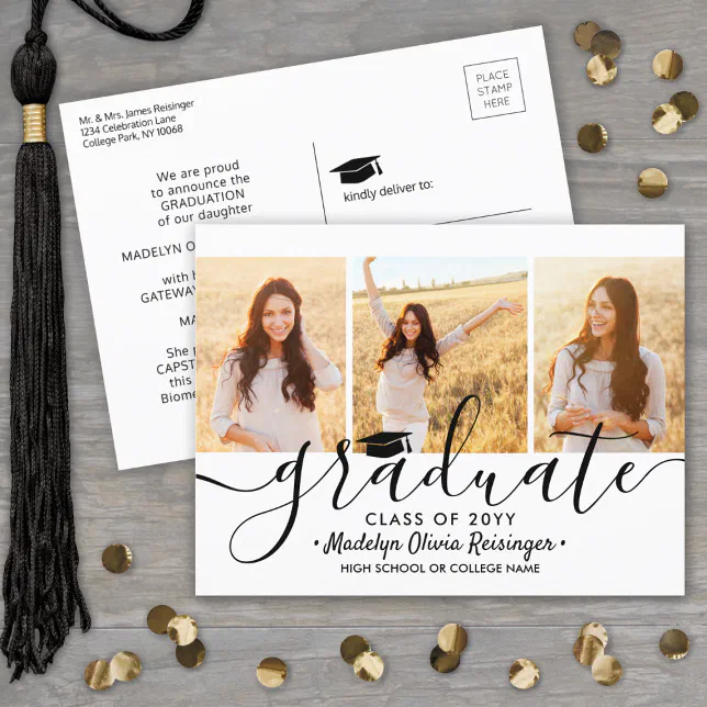 3 Photo Collage Simple Modern Script Graduation Announcement Postcard ...