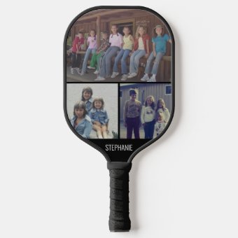 3 Photo Collage with Name - black white Pickleball Paddle | Zazzle
