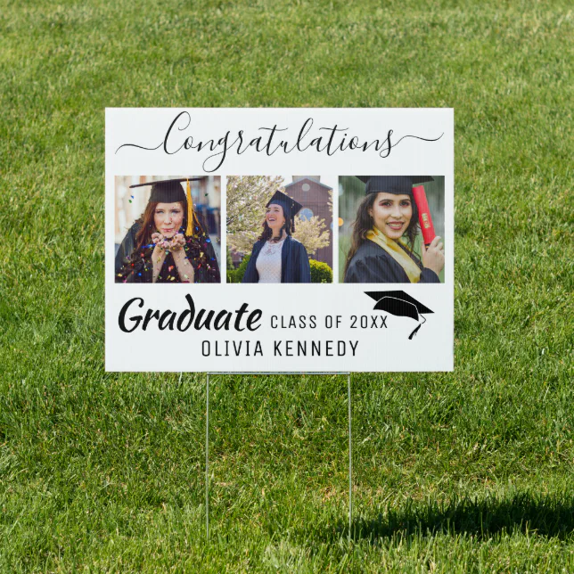 3 Photo Congratulations Graduate 2025 Black White Sign | Zazzle