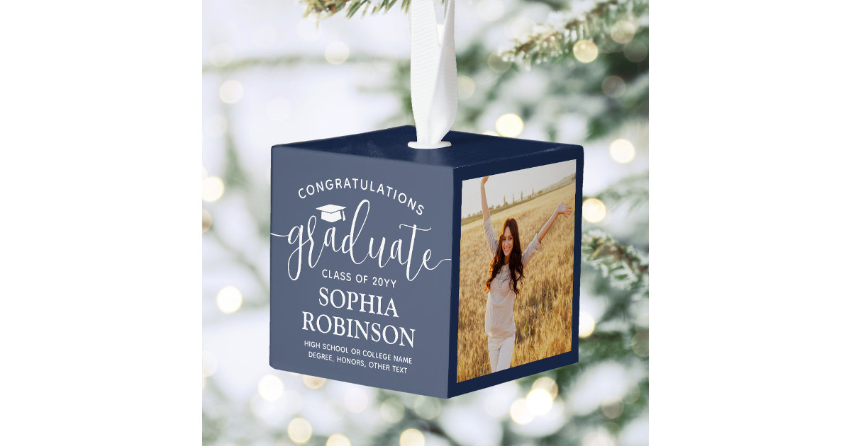 3 Photo Congratulations Navy Blue Graduation Cube Ornament | Zazzle