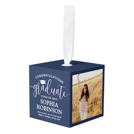 3 Photo Congratulations Navy Blue Graduation Cube Ornament | Zazzle