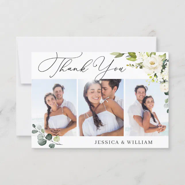 3 PHOTO Elegant Eucalyptus White Roses Floral Thank You Card | Zazzle