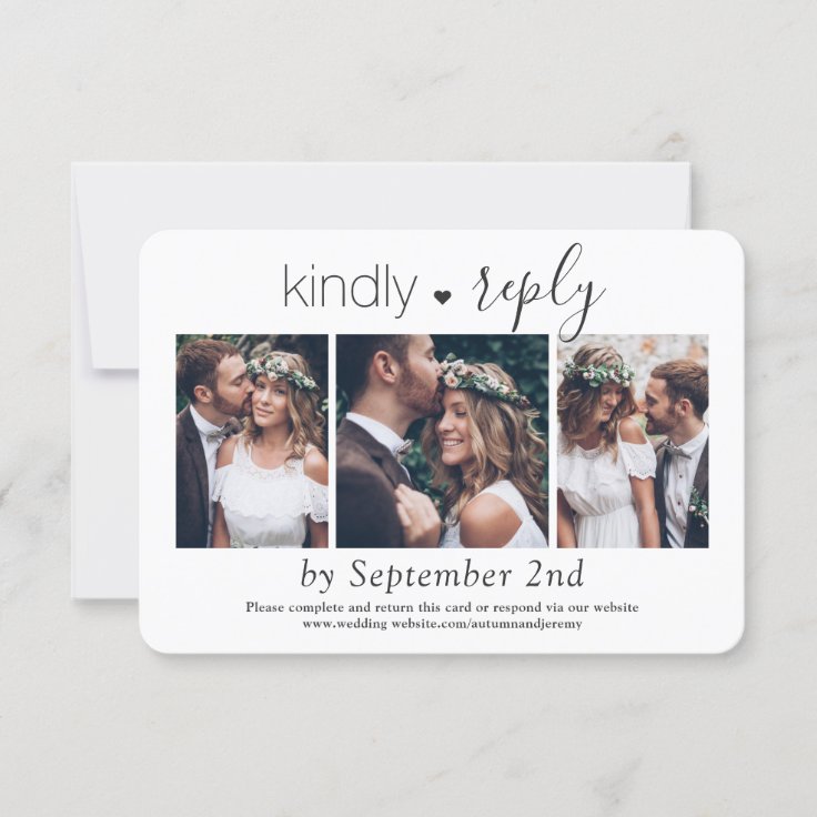 3 Photo Elegant Simple Script Kindly Reply Wedding RSVP Card | Zazzle