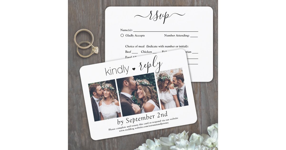3 Photo Elegant Simple Script Kindly Reply Wedding RSVP Card | Zazzle