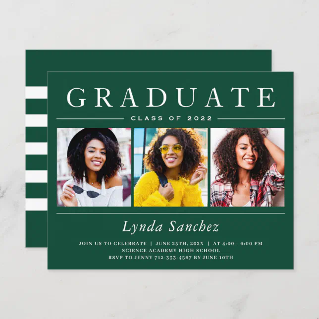 3 Photo Green White Stripes Graduation Invitations | Zazzle