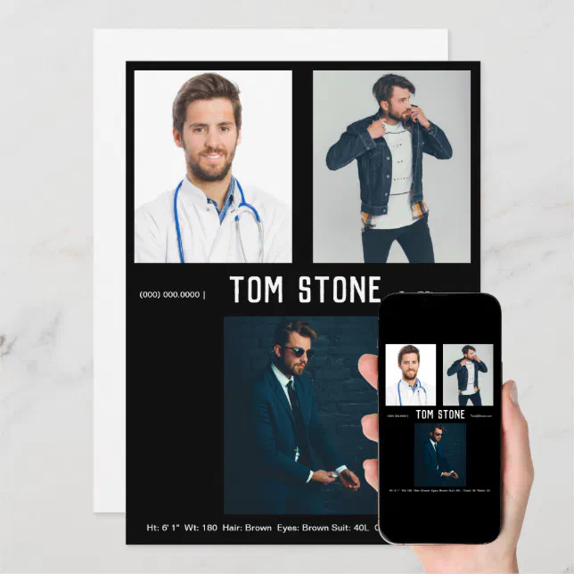 3 Photo Male Model Actor Comp Card Black Template | Zazzle