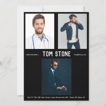 3 Photo Male Model Actor Comp Card Black Template | Zazzle