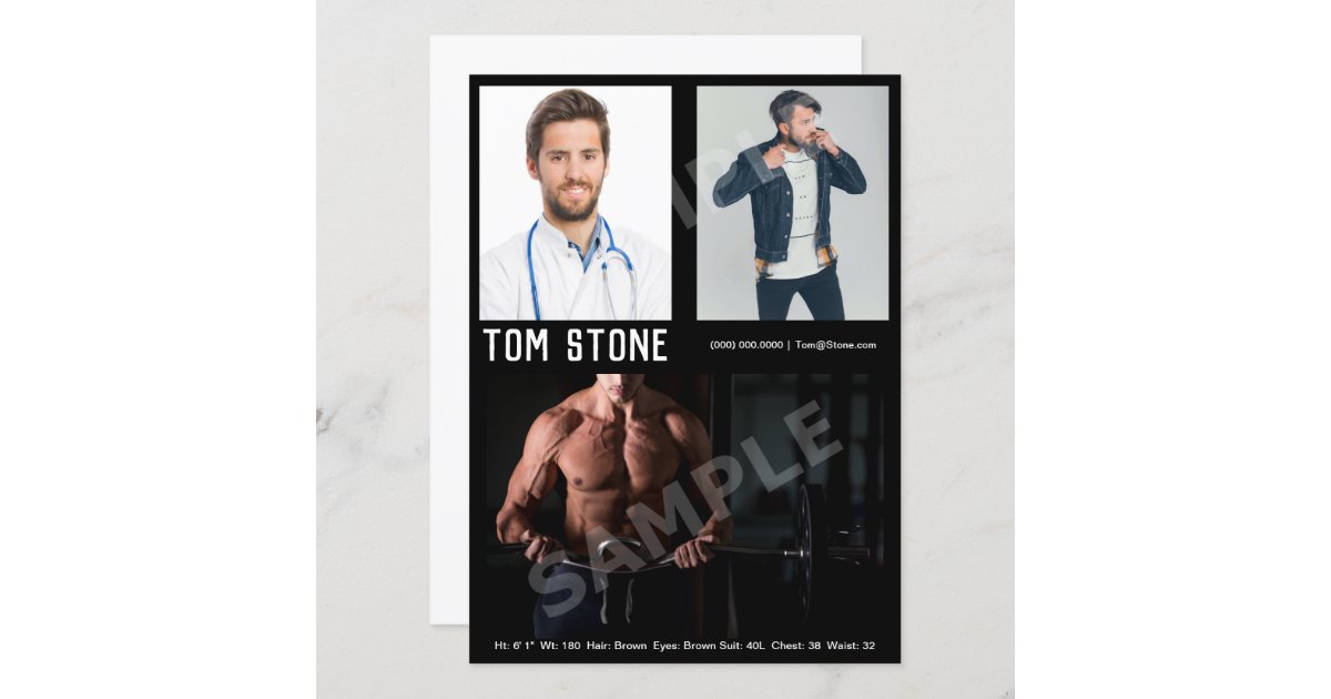 3 Photo Male Model Actor Zed Card Black Template | Zazzle