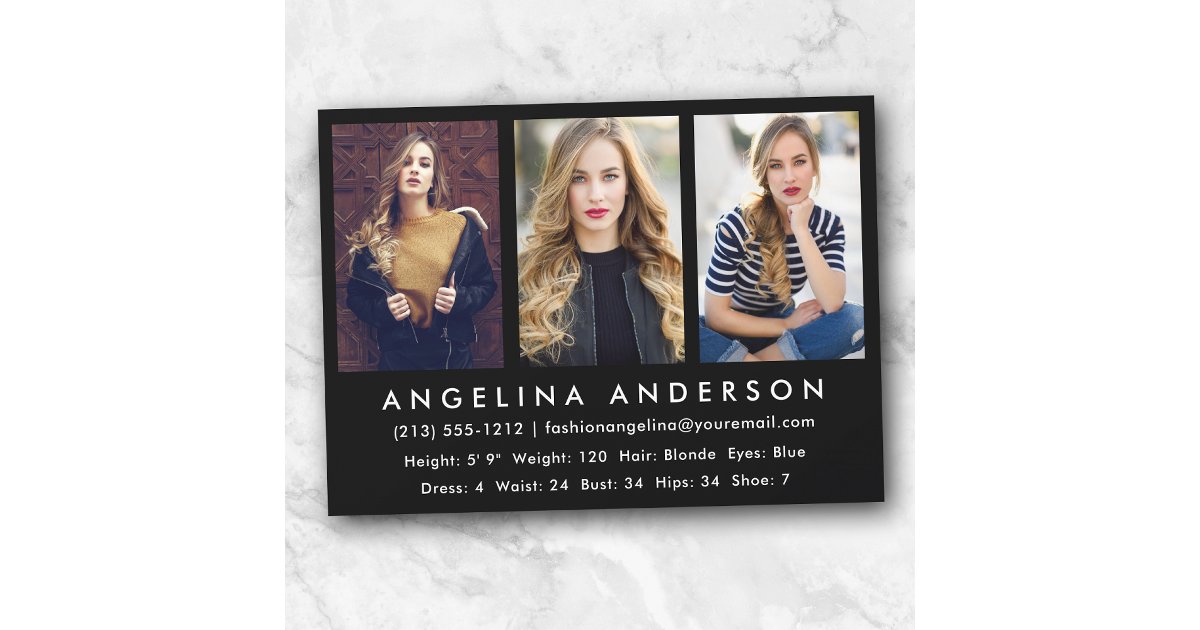 3 Photo Model Actor Comp Card Blk | Zazzle