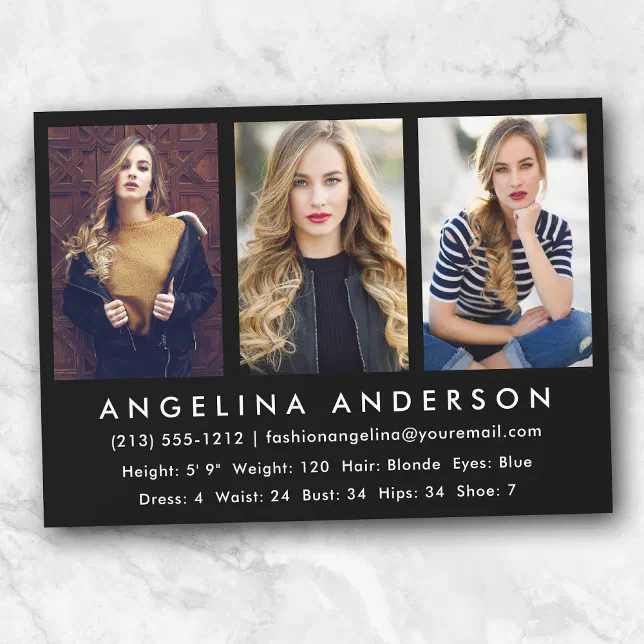 3 Photo Model Actor Comp Card Blk | Zazzle