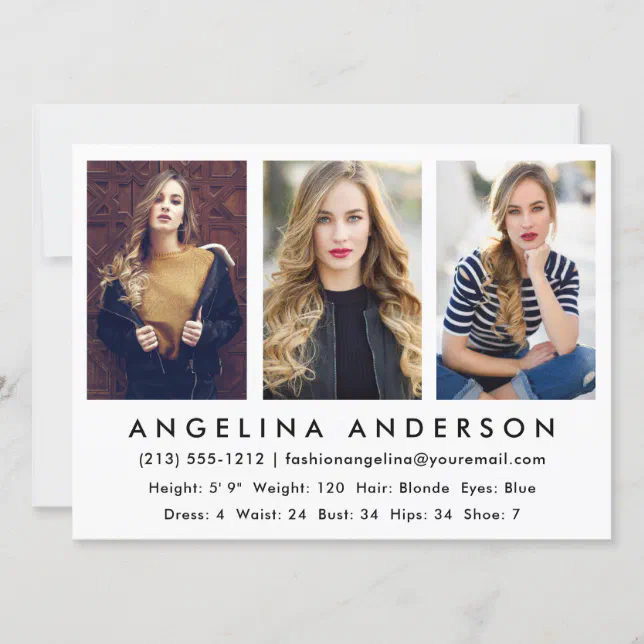 3 Photo Model Actor Comp Card Wht | Zazzle
