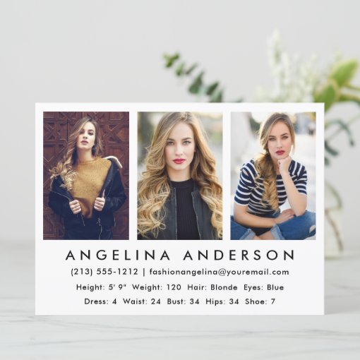 3 Photo Model Actor Comp Card Wht | Zazzle