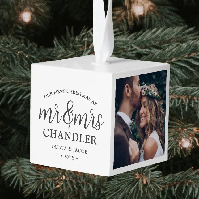 3 Photo Mr & Mrs 1st Christmas Newlyweds Square Cube Ornament | Zazzle
