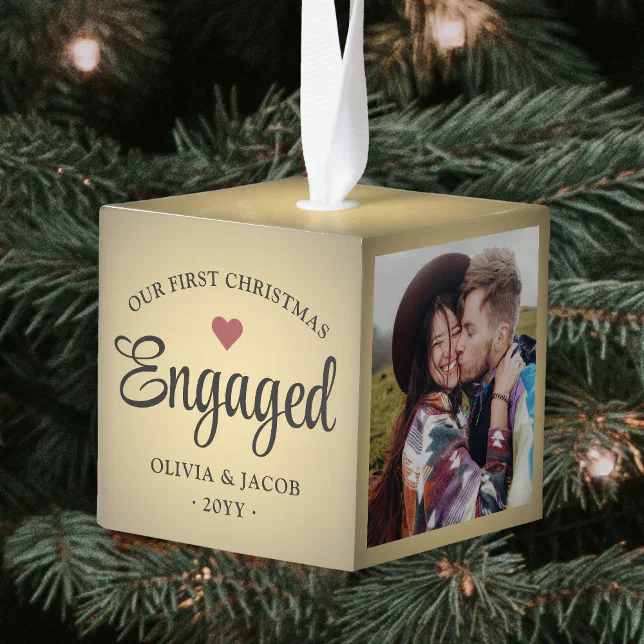 3 Photo Our First Christmas Engaged Gold Faux Foil Cube Ornament | Zazzle