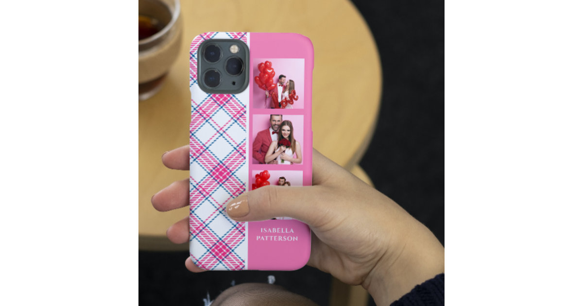 3 Photo Preppy Pink Plaid Modern Girly Custom Name Case-Mate iPhone ...