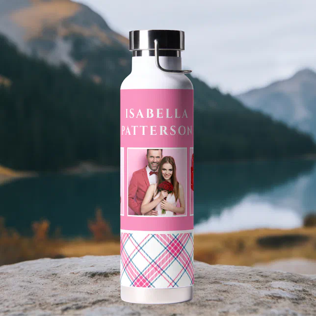 3 Photo Preppy Pink Plaid Modern Girly Custom Name Water Bottle | Zazzle