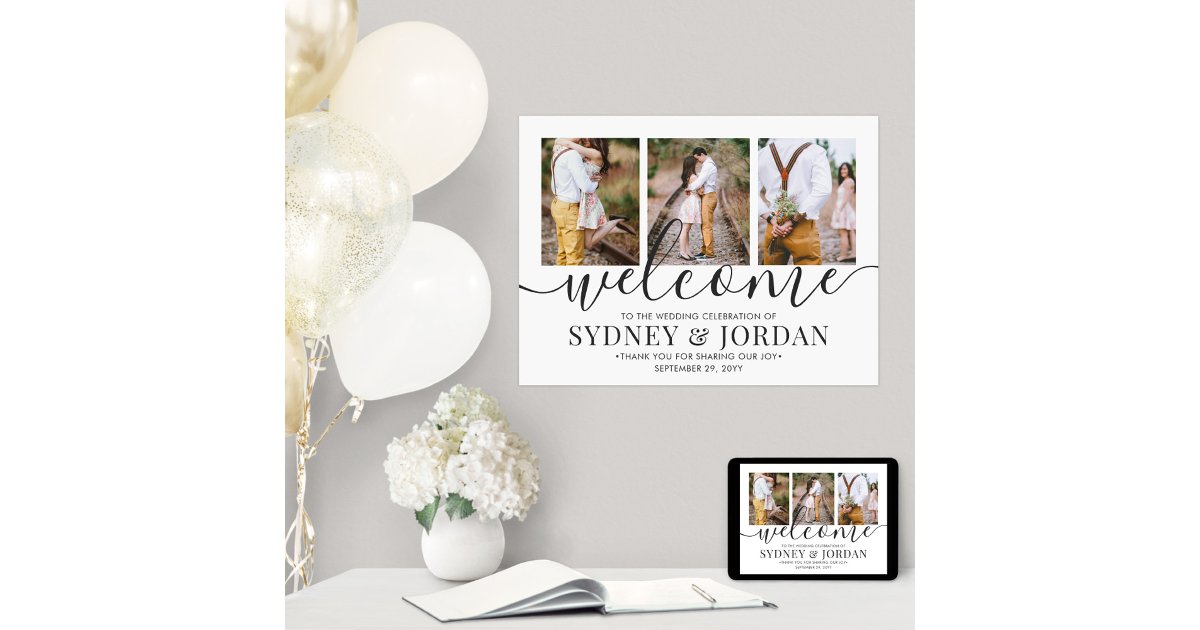 3 Photo Wedding Welcome Elegant Black Calligraphy Poster | Zazzle