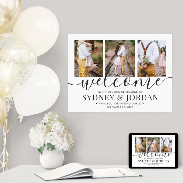 3 Photo Wedding Welcome Elegant Black Calligraphy Poster | Zazzle