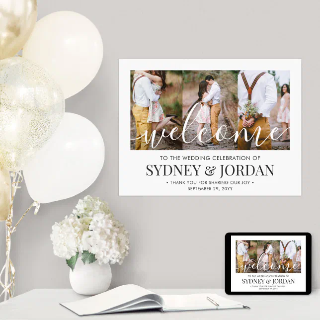 3 Photo Wedding Welcome Elegant White Calligraphy Poster | Zazzle