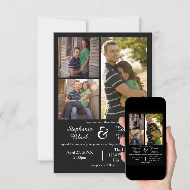3 Photos Black - 3x5 Wedding Invitation | Zazzle