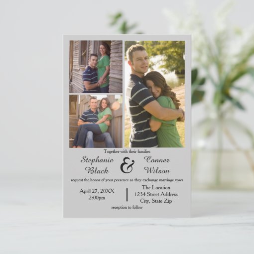 3 Photos Gray - 3x5 Wedding Invitation | Zazzle