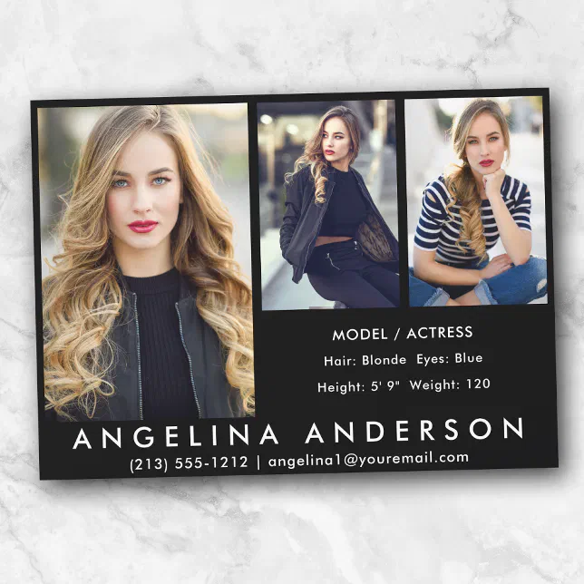 3 Photos Model Actor Comp Card Blk | Zazzle