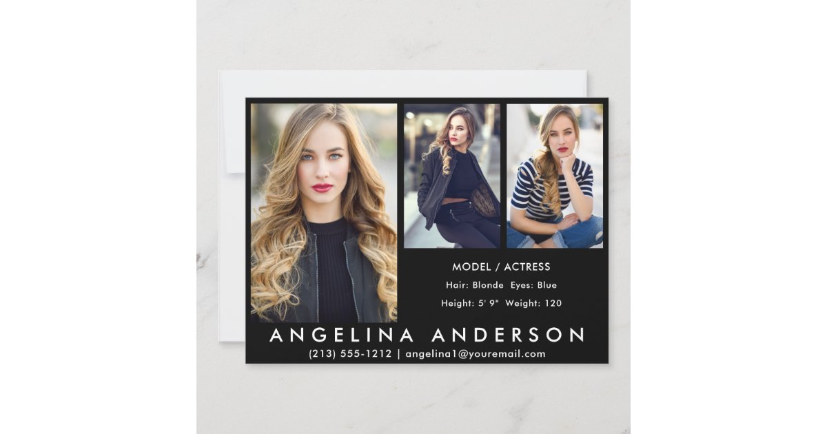 3 Photos Model Actor Comp Card Blk | Zazzle