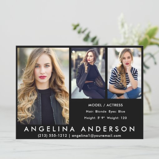 3 Photos Model Actor Comp Card Blk | Zazzle