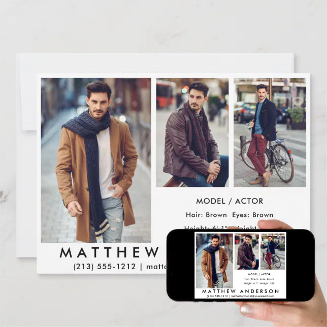 3 Photos Model Actor Comp Card White | Zazzle