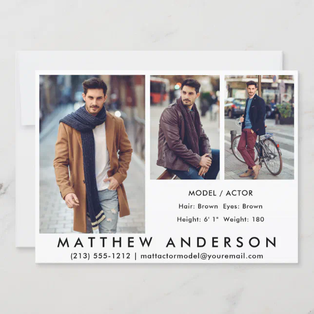 3 Photos Model Actor Comp Card White | Zazzle