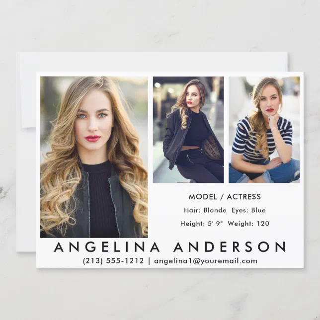 3 Photos Model Actor Comp Card Wht | Zazzle