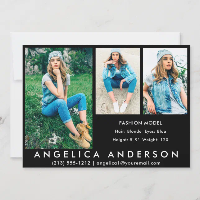 3 Photos Model Comp Card Blk | Zazzle