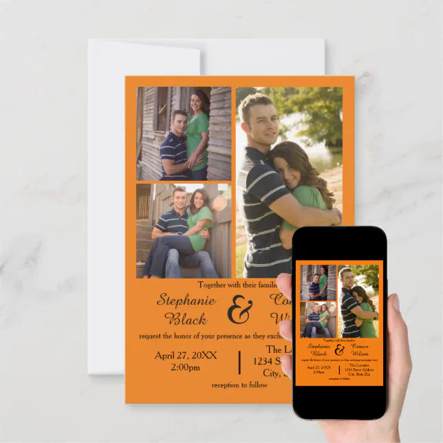 3 Photos Orange - 3x5 Wedding Invitation | Zazzle