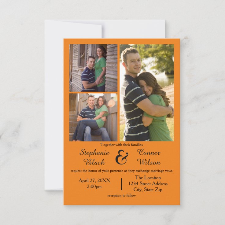 3 Photos Orange - 3x5 Wedding Invitation | Zazzle