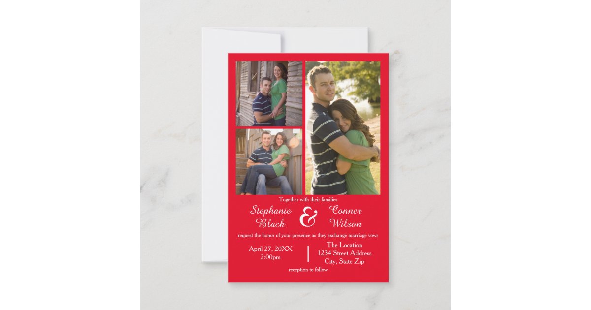 3 Photos Red - 3x5 Wedding Invitation | Zazzle
