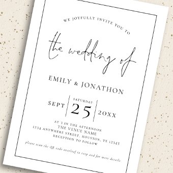 3 Photos Script Line Border QR Black White Wedding Invitation | Zazzle