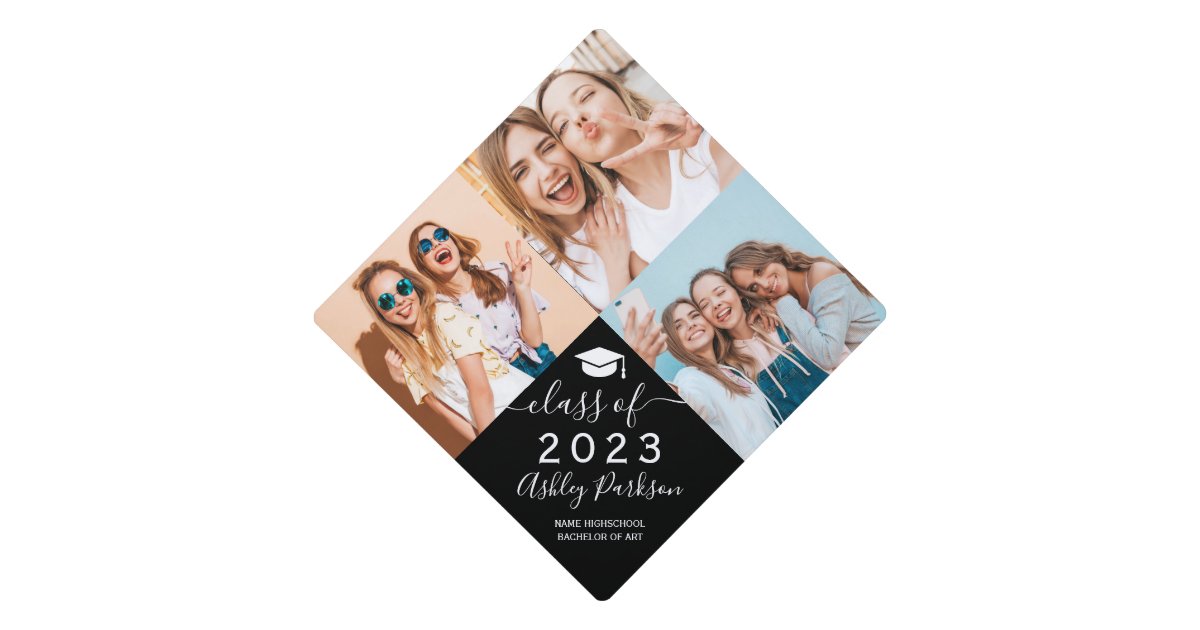 3 photos simple black and white graduate script graduation cap topper ...