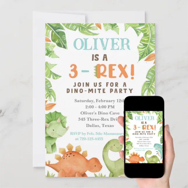 3-Rex Birthday Invitation, Dino 3rd Birthday Invit Invitation | Zazzle