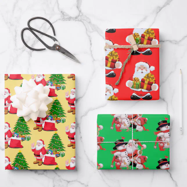3 Santa Claus Red Green Background Pretty Gift Wrapping Paper Sheets ...