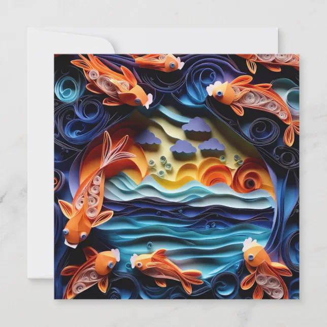 3D A colorful illustration of lake with koi fish Note Card | Zazzle