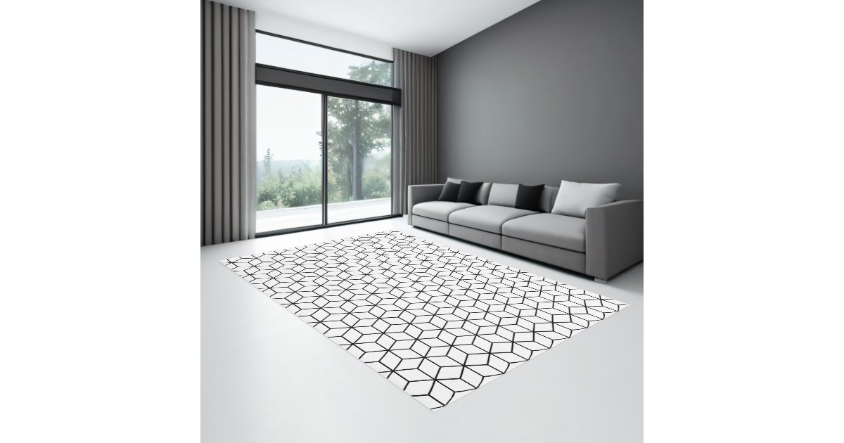 3D Cubes Geometric Black Line on White Rpt Pattern Rug | Zazzle