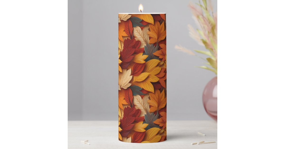 3D Fall Leaves Pillar Candle | Zazzle